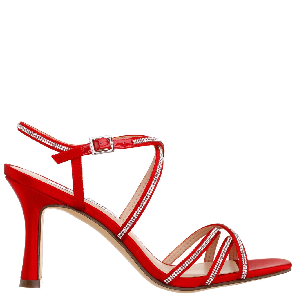 Womens Anna Red Satin Mid-Heel Strappy Dress Sandal – Nina Shoes