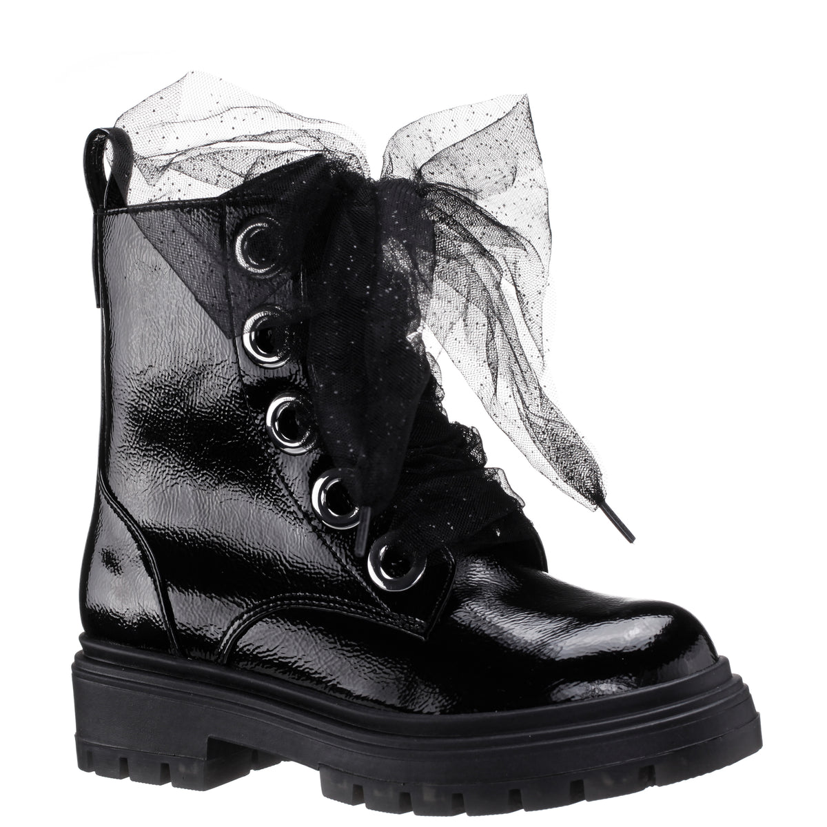 Girls Chassy Black Patent Inside Zip Combat Boots | Nina Shoes