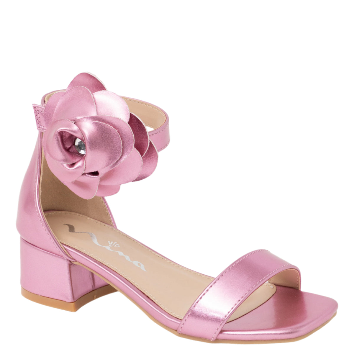 Girls Mona Pink Metallic Block Heel Flower Sandals | Nina Shoes