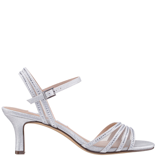 Womens Nathyn SILVER METALLIC SUEDETTE W/ CRYSTALS MID-HEEL SANDAL ...