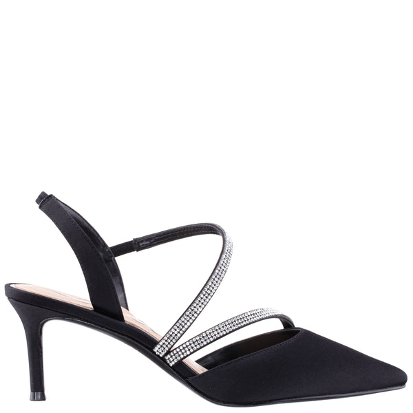 Womens Nela Black Satin Sling Back Crystal Mid-Heel Pumps | Nina Shoes