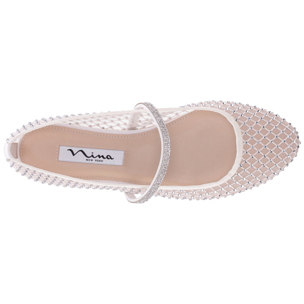 Womens Peggy White Mesh with Clear Rhinestones Ballet Flats with ...