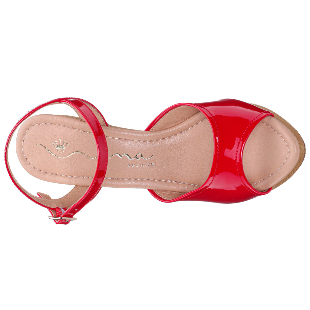 Womens Rock Cherry Red Instep Strap Sandal On A Wooden Bottom | Nina Shoes