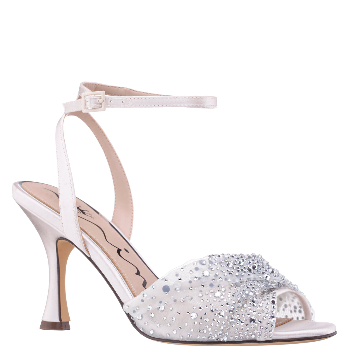 Womens Vida White Satin with Mesh and Faceted Crystals High-Heel ...