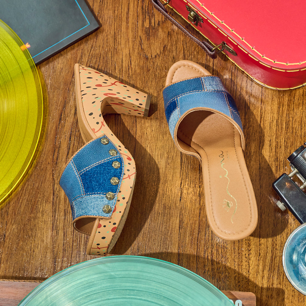 Womens Village Dark Blue Denim PATCHWORK SLIDE ON A PRINTED PLATFORM ...