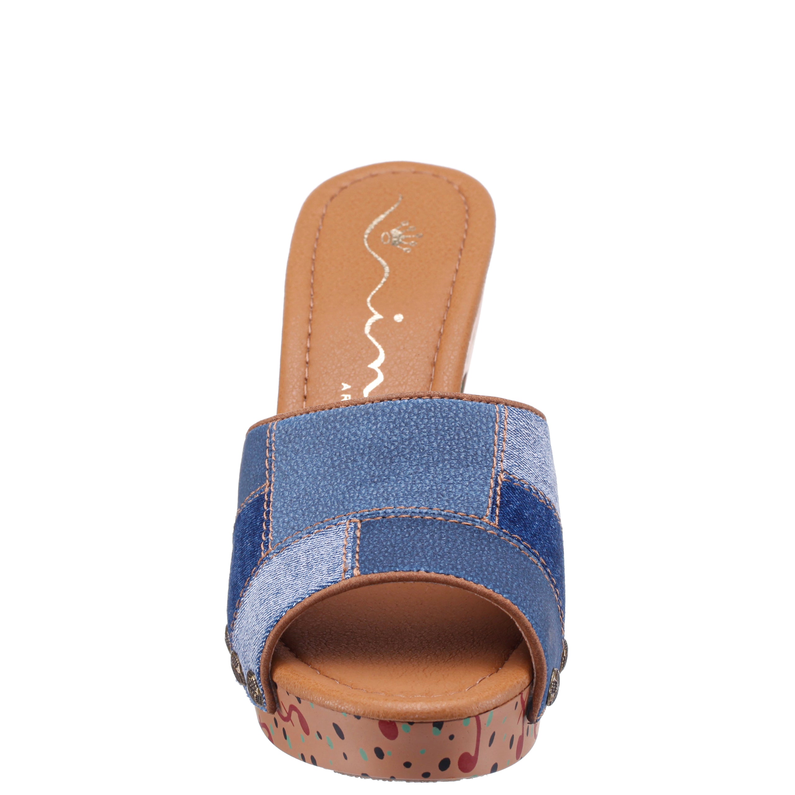 Womens Village Dark Blue Denim Patchwork Slide On A Printed Platform ...