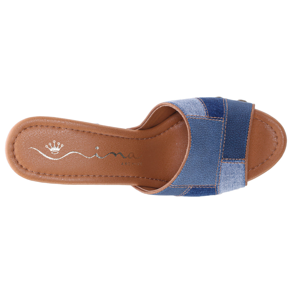 Womens Village Dark Blue Denim Patchwork Slide On A Printed Platform ...