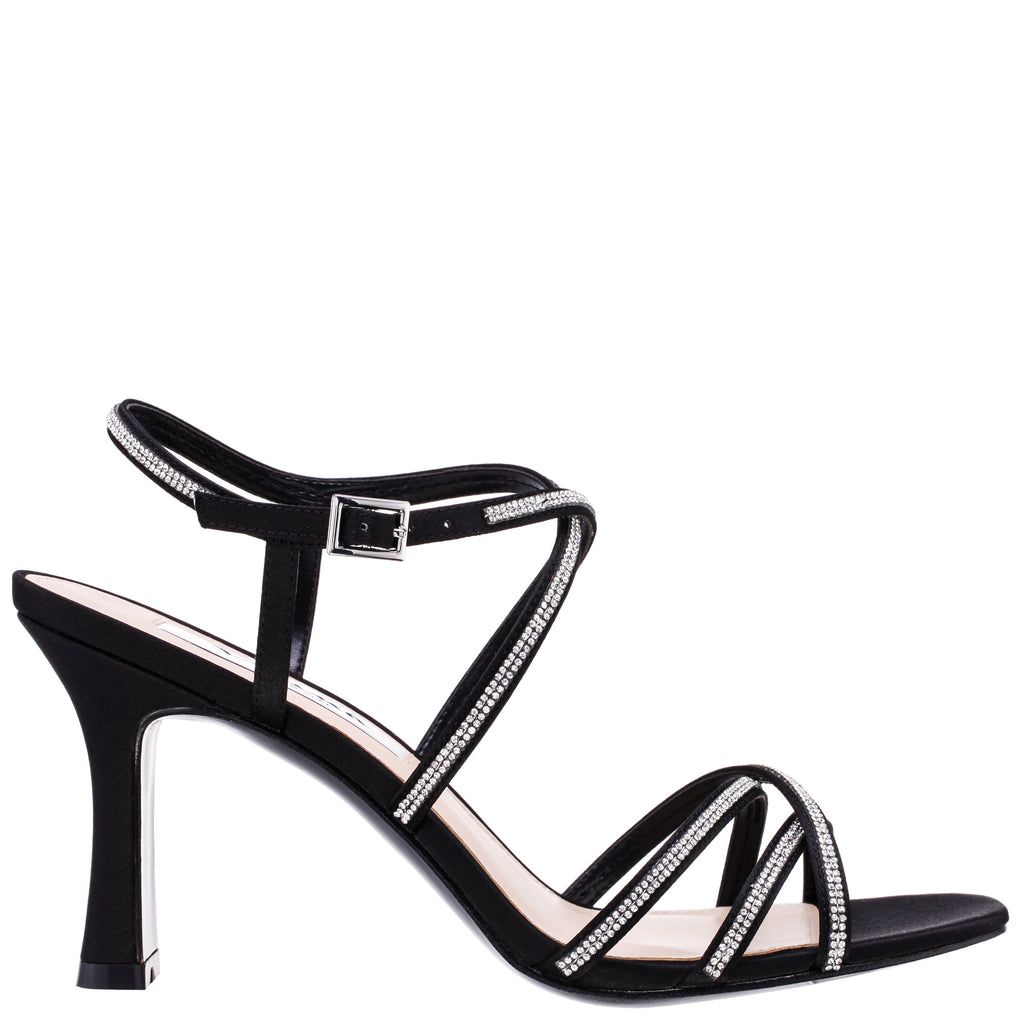Womens Anna Black Satin Mid-Heel Strappy Dress Sandal – Nina Shoes