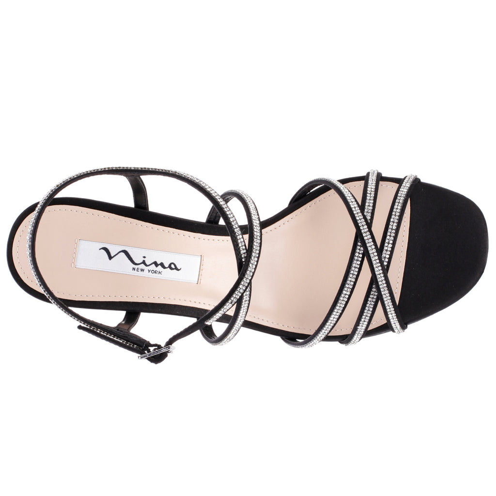 Womens Anna Black Satin Mid-Heel Strappy Dress Sandal – Nina Shoes