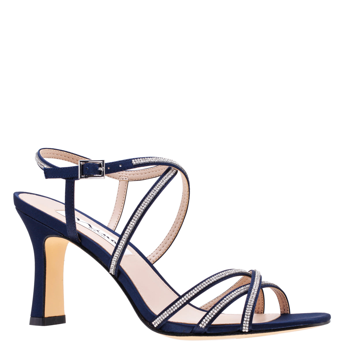 Womens Anna Navy Satin Mid-Heel Sandals | Nina Shoes