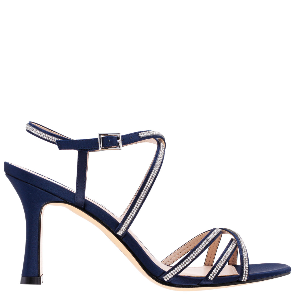 Womens Anna New Navy Satin Mid-Heel Strappy Dress Sandal – Nina Shoes