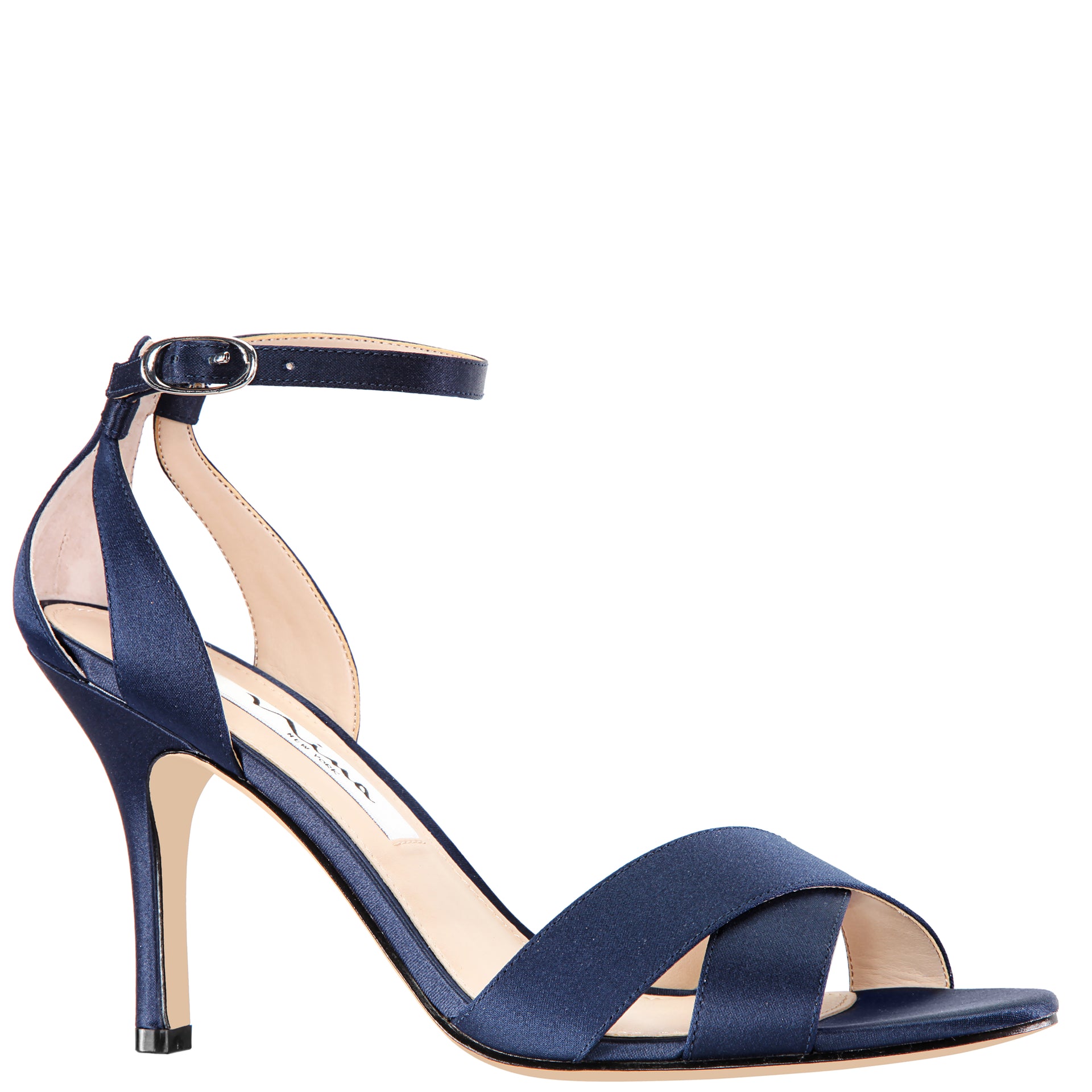 Womens Venus New Navy Satin High-Heel Sandals with Ankle-Strap | Nina Shoes
